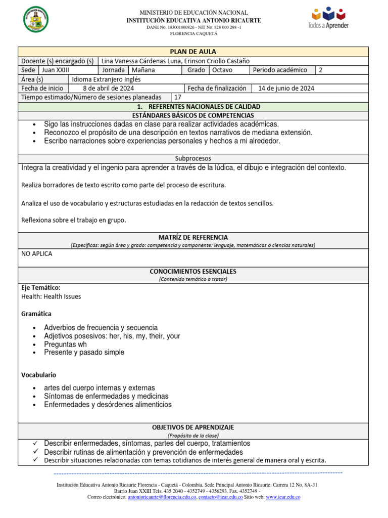 Grado 8° - PLAN DE AULA_Segundo Periodo | PDF | Evaluación