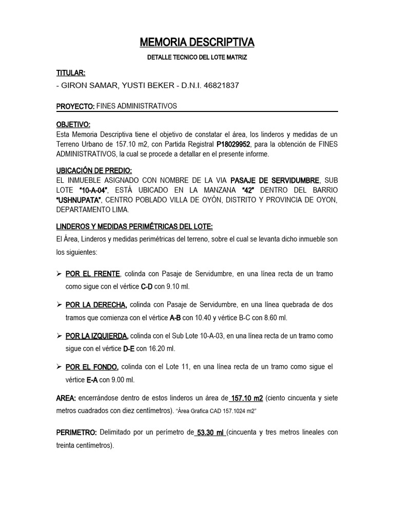 MEMORIA - PASO DE SERVIDUMBRE, Mz. 42 Lote 10-A-04 - USHNUPATA | PDF