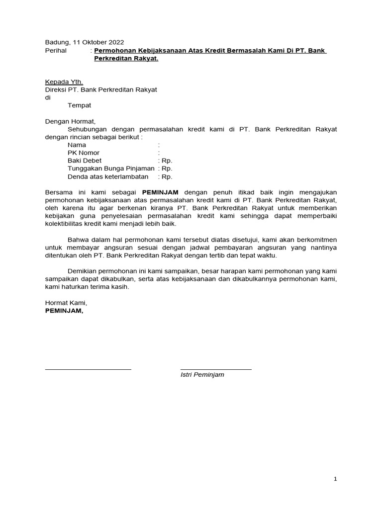 PERMOHONAN DEBITUR UTK Kebijakan Restru | PDF | Pengelolaan Keuangan & Uang