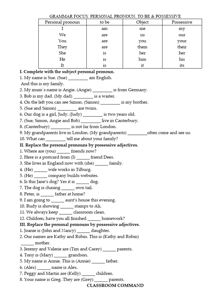 Personal Pronoun, To Be & Possessive | PDF | Linguistics | Syntax