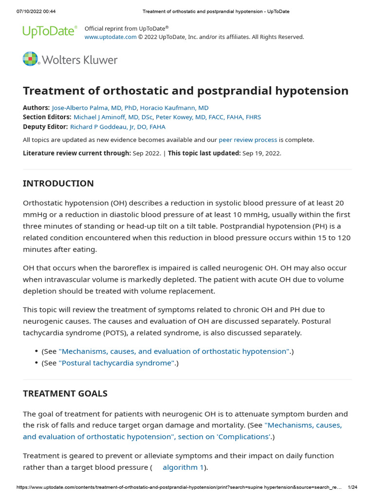 Treatment of Orthostatic and Postprandial Hypotension - UpToDate | PDF ...
