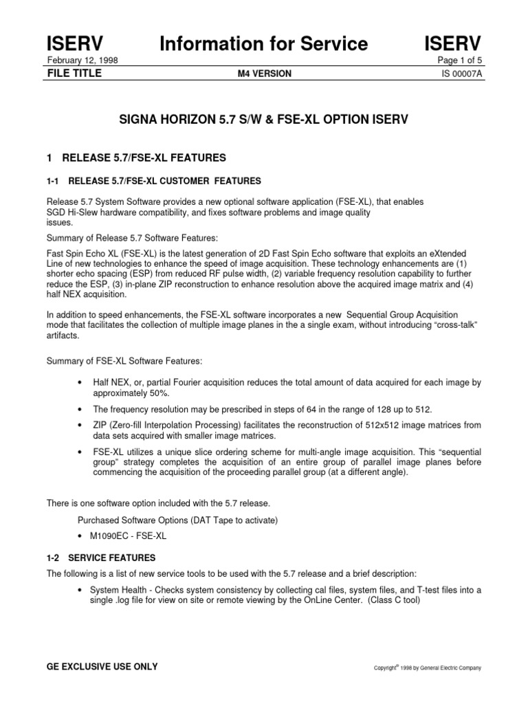 Iserv Information For Service Iserv: Signa Horizon 5.7 S/W & Fse-Xl Option Iserv | PDF ...