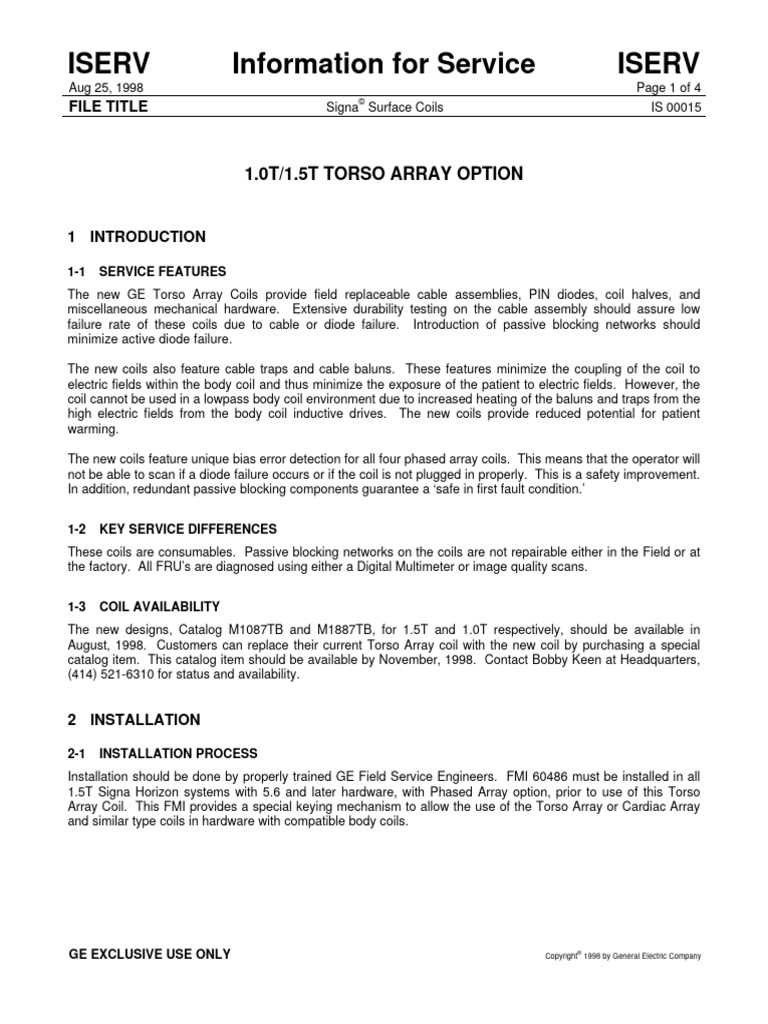 Iserv Information For Service Iserv: 1.0T/1.5T Torso Array Option | PDF | Inductor | Electronics