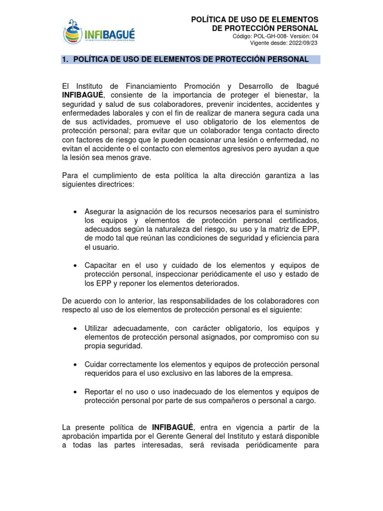 Pol GH 008 Politica Uso de Elementos de Proteccion Personal | PDF