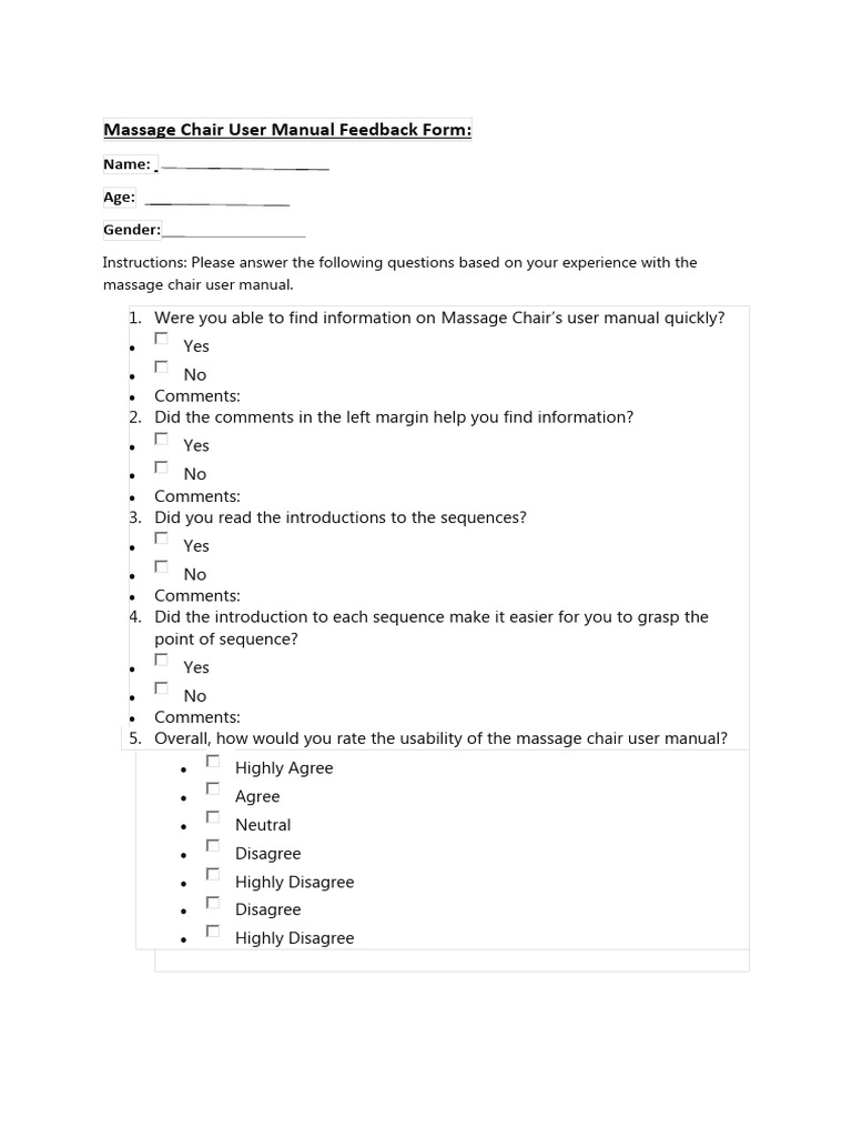 Massage Chair User Manual Feedback Form - Copy | PDF