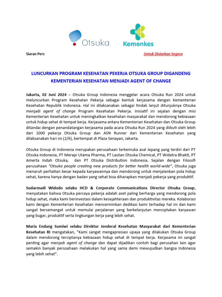 Press Release - Otsuka Run 2024 x Kementerian Kesehatan RI - FINAL | PDF