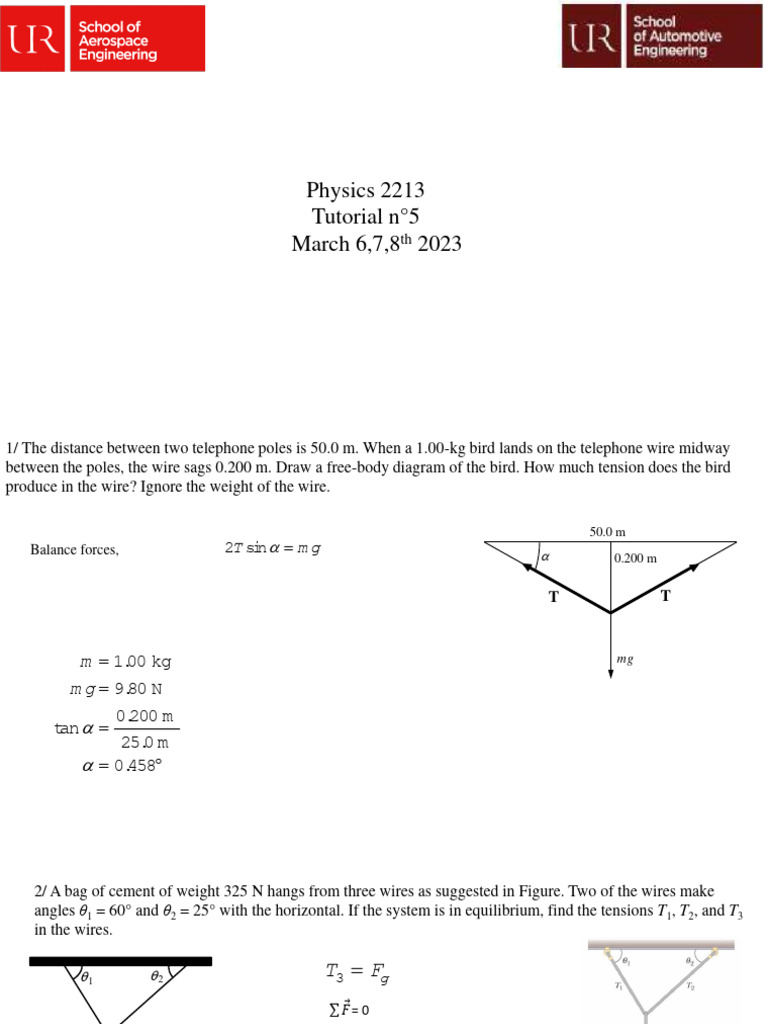 Tutorial 5 Phys1 UIR 2022 2023 Solution | PDF | Tension (Physics) | Force