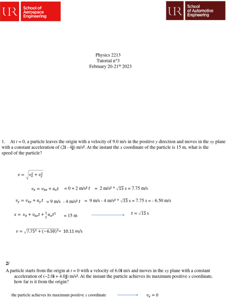 Tutorial 3 Phys1 UIR 2022 2023 Solution | PDF | Velocity | Acceleration