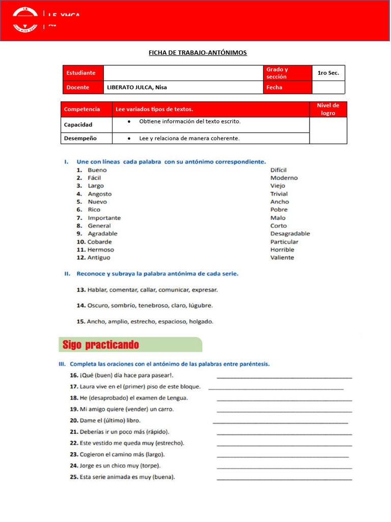 Ficha de Trabajo-1ro - Antónimos | PDF