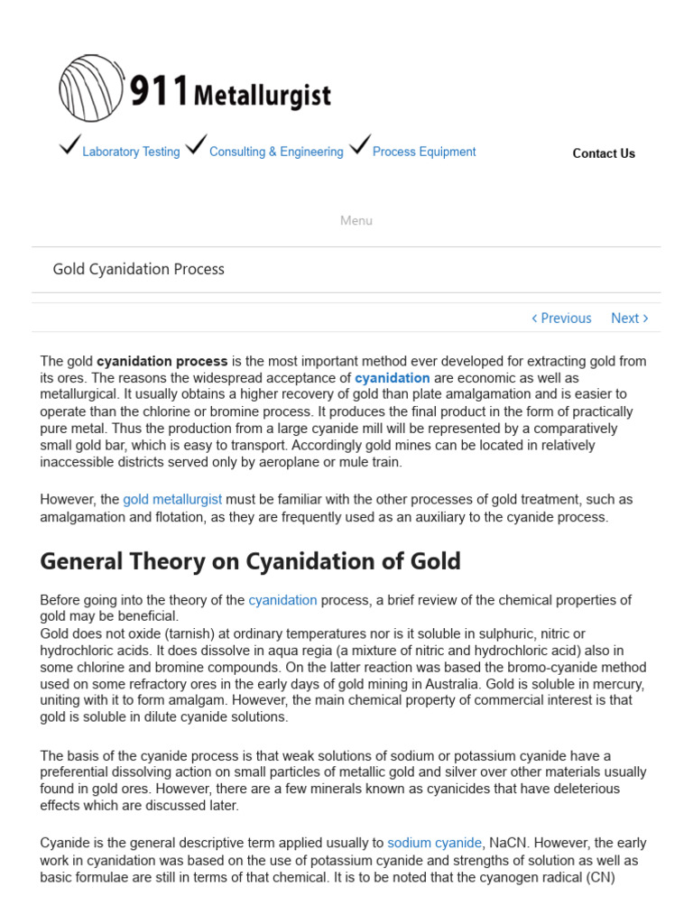 Gold Cyanidation Process | PDF | Mill (Grinding) | Gold