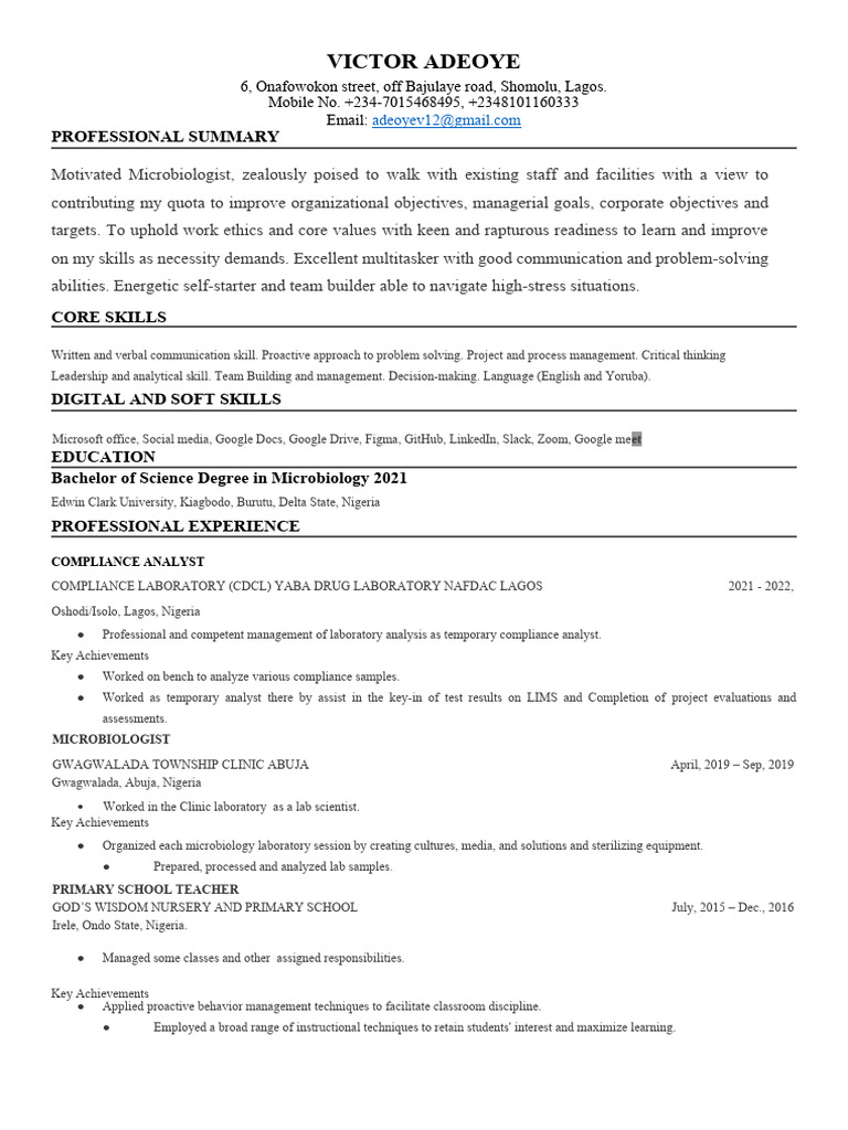 Victor Adeoye Cv-Resume | PDF | Teachers | Laboratories