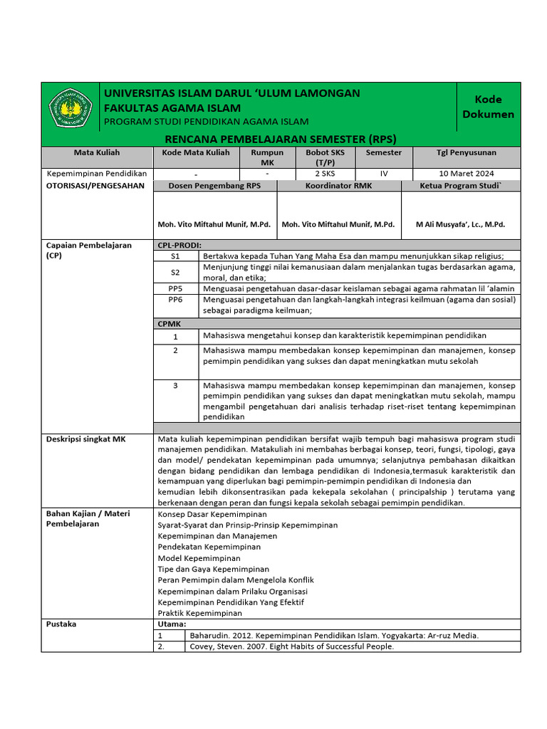 RPS PAI Kepemimpinan Pendidikan | PDF