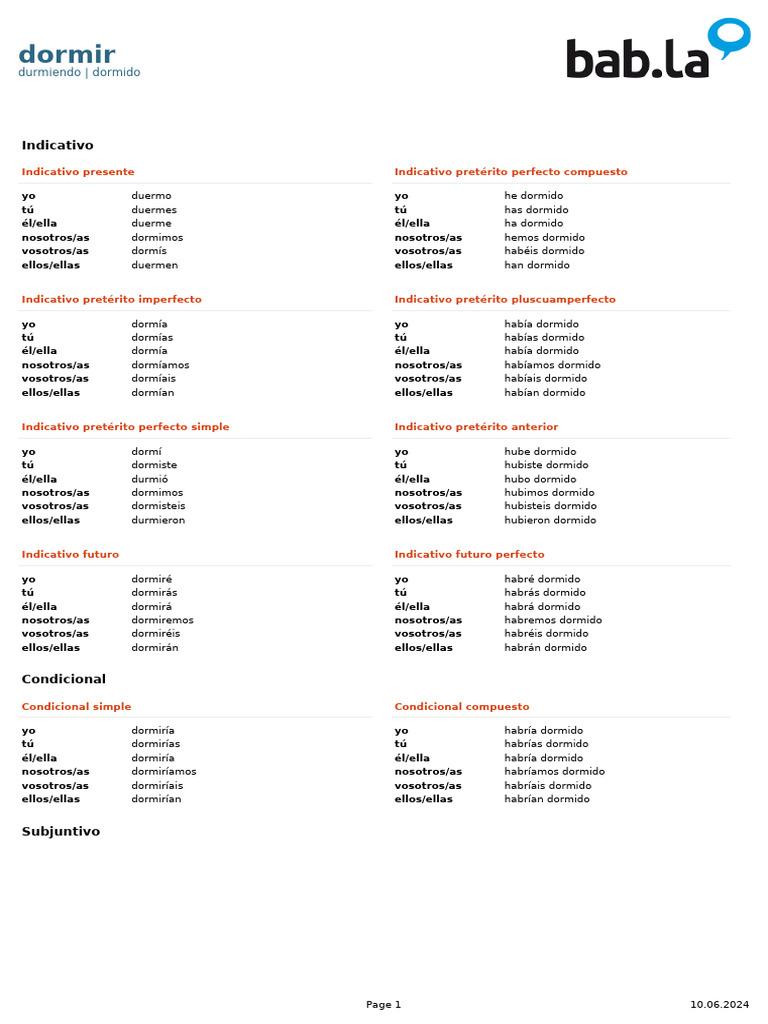 Bab - La Conjugation Spanish Dormir | PDF | Morfología | Gramática