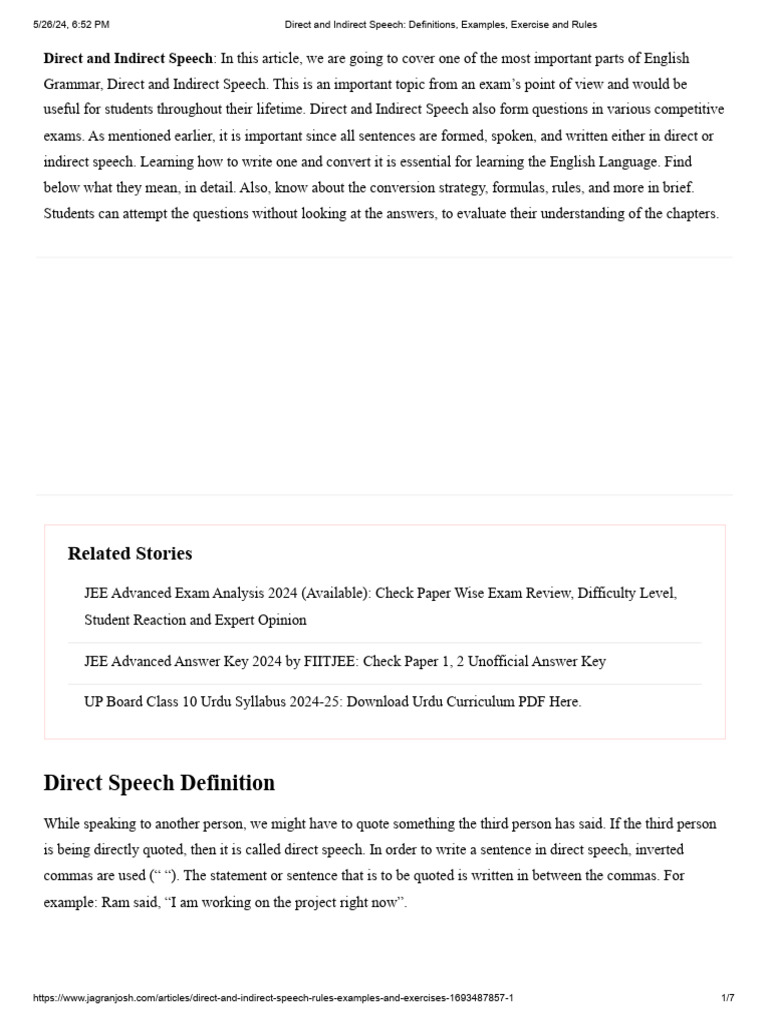 Direct and Indirect Speech Explained | PDF | Speech | Question