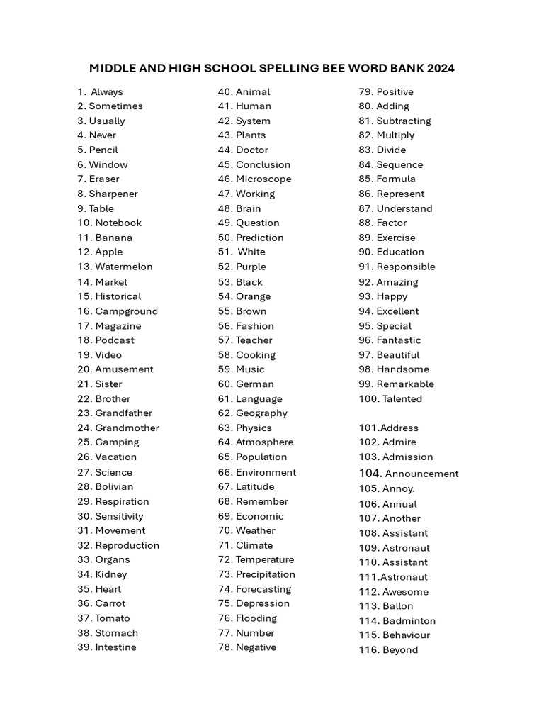 Spelling Bee Word Bank | PDF