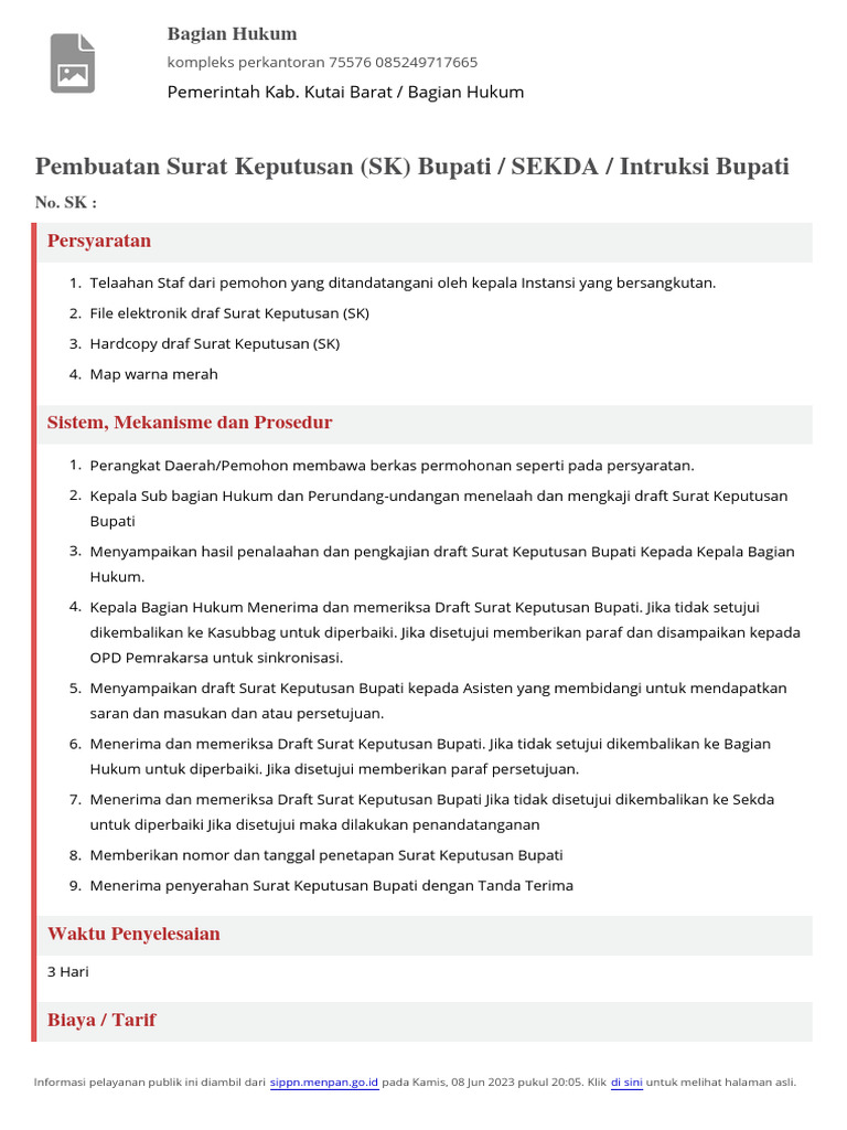 Unduh Standar Pelayanan - Pembuatan Surat Keputusan (SK) Bupati SEKDA Intruksi Bupati | PDF ...