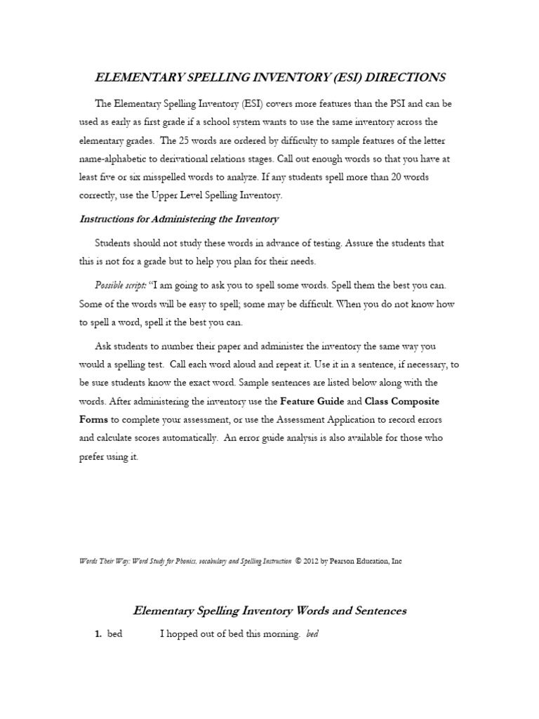 Elementary Spelling Inventory | PDF | Phonics | Spelling
