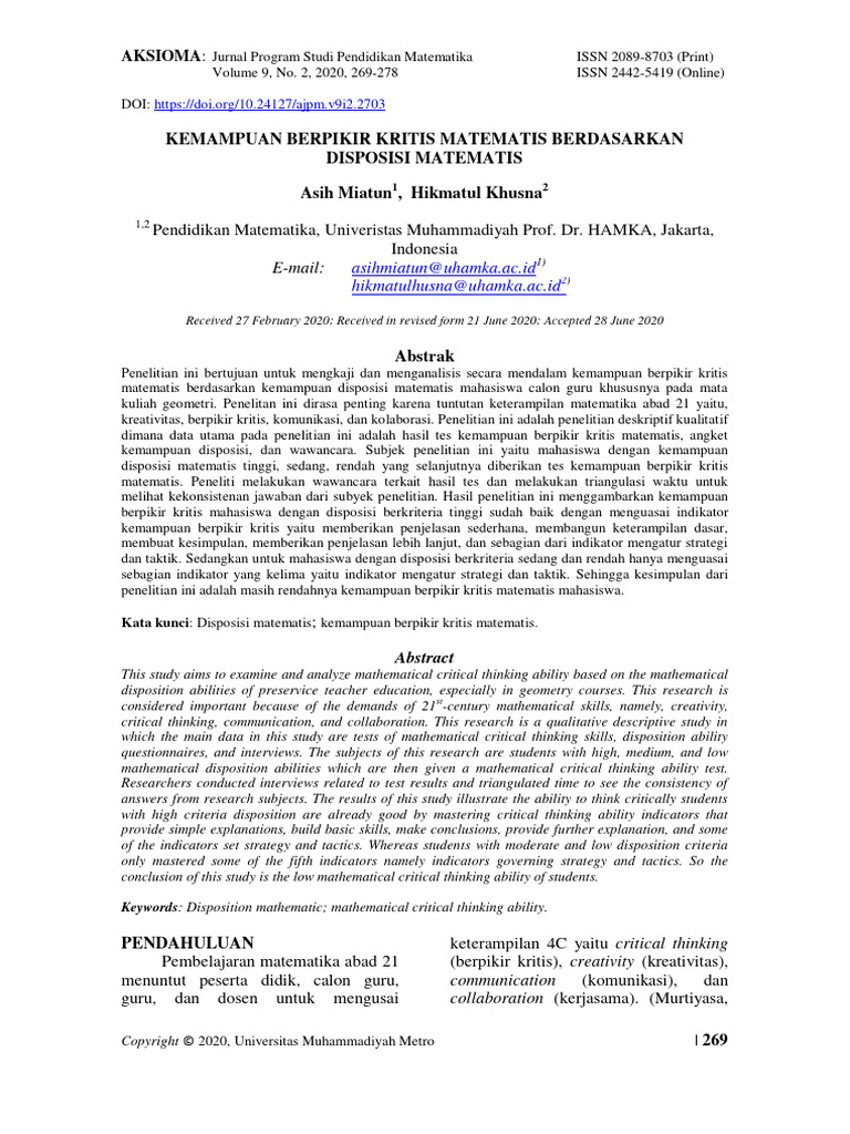 Kemampuan Berpikir Kritis Matematis Berdasarkan Di | PDF