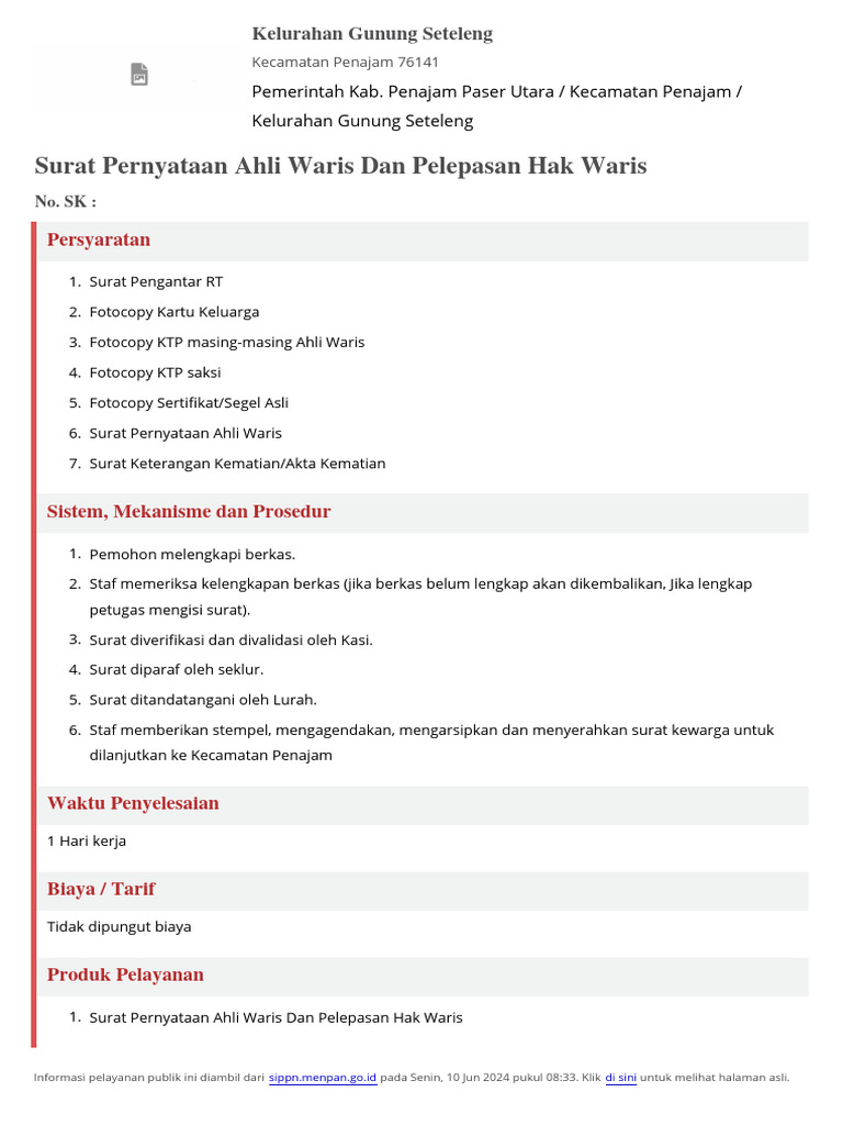 Unduh Standar Pelayanan - Surat Pernyataan Ahli Waris Dan Pelepasan Hak Waris | PDF