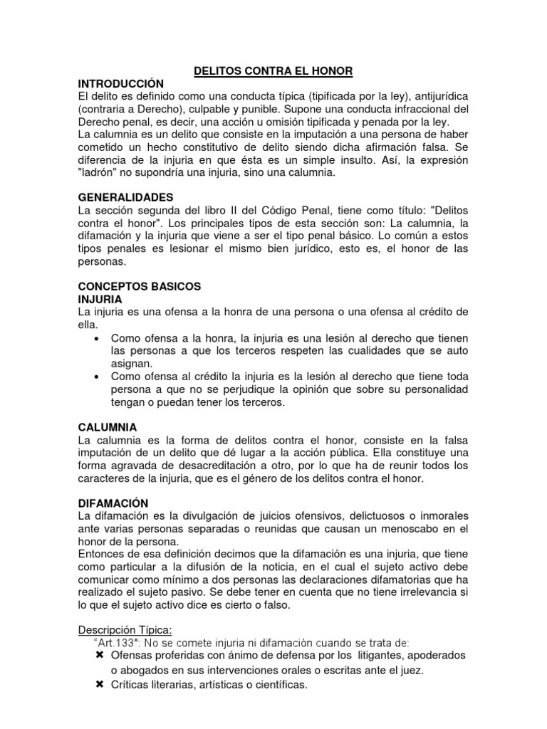 Análisis de los delitos contra el honor en el Código Penal: Calumnia, Difamación e Injuria | PDF ...