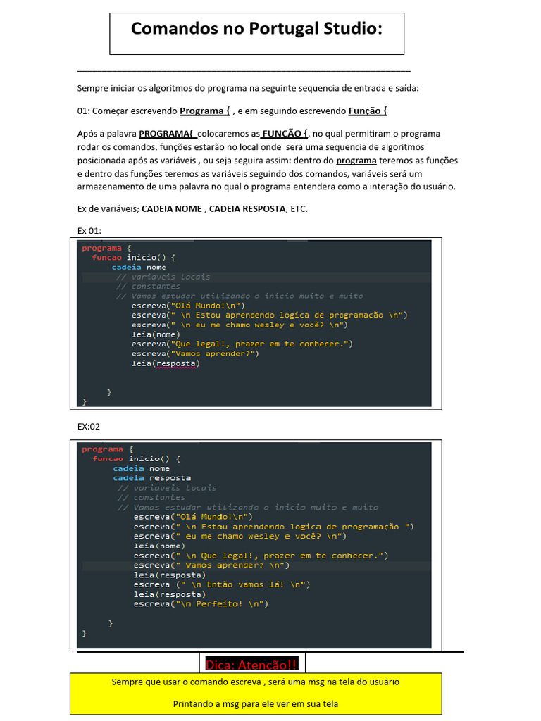 Aula 01 Comandos No Portugal Studio | PDF | Algoritmos | Cor