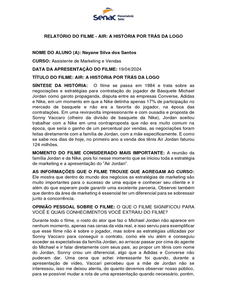 Relatório Do Filme Air | Download grátis PDF | Nike