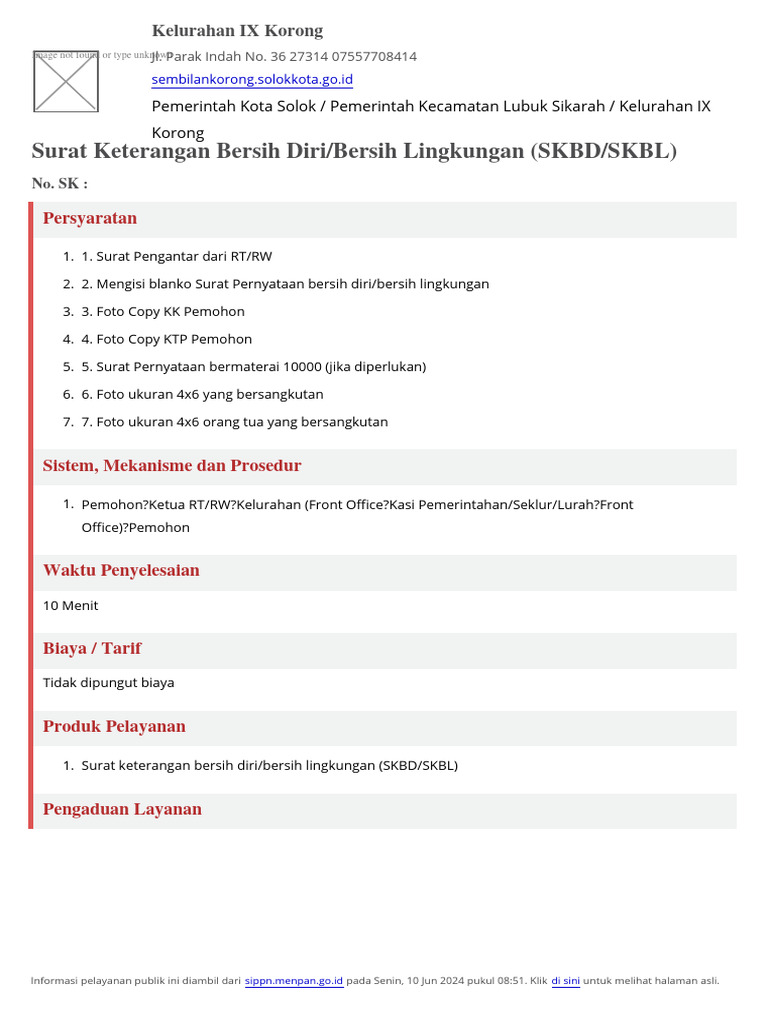 Unduh Standar Pelayanan - Surat Keterangan Bersih Diri Bersih Lingkungan (SKBD SKBL) | PDF