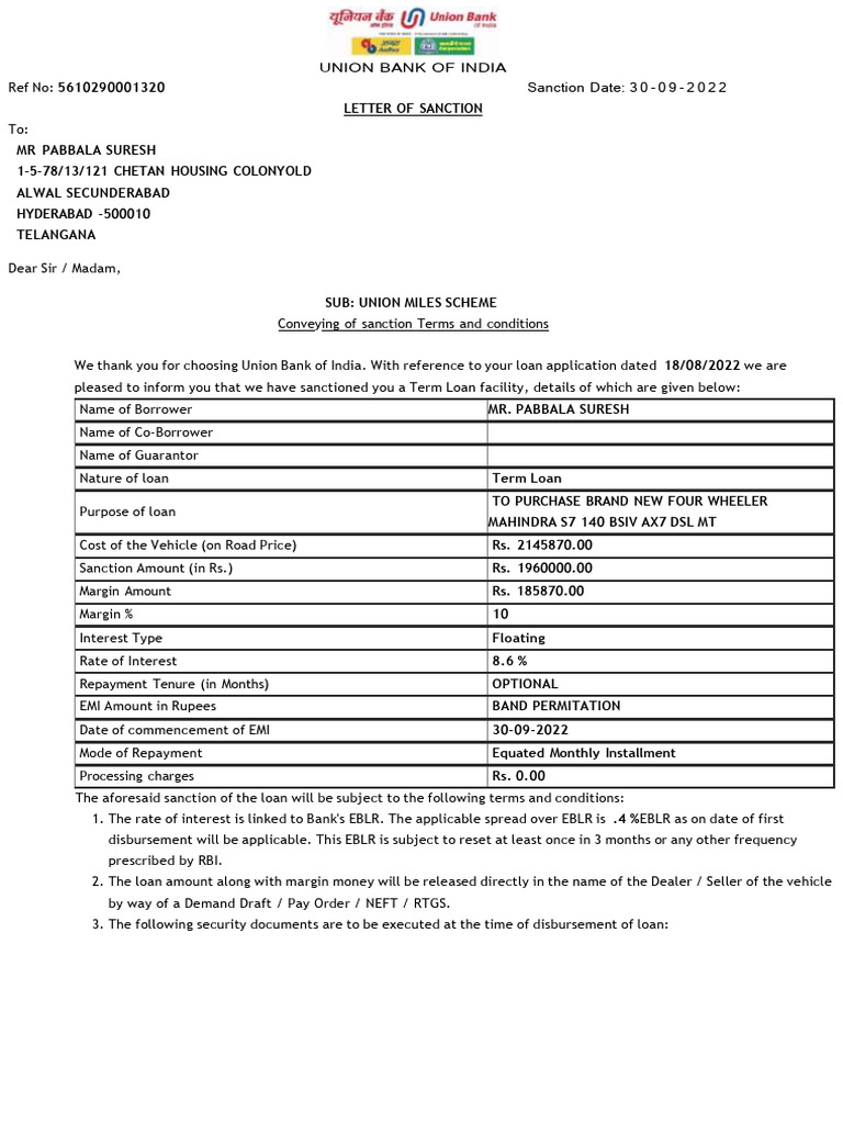 Union Miles SL SURESH | PDF | Loans | Interest