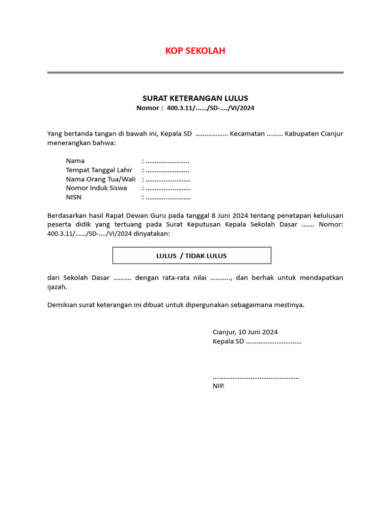 Surat Keterangan Lulus SD 2024 | PDF
