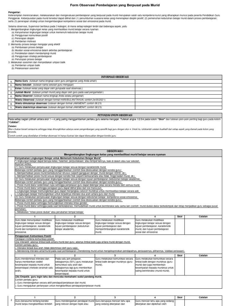 Lembar Instrumen Penilaian Observasi Mengajar di Kelas | PDF
