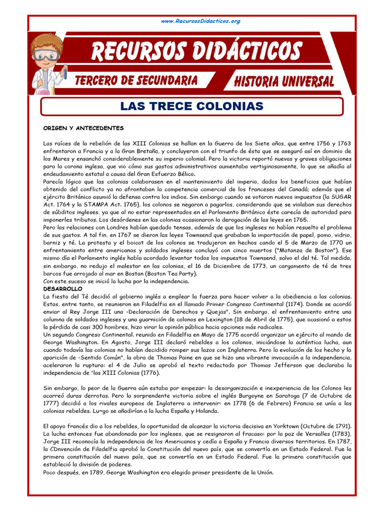 Las Trece Colonias para Tercer Grado de Secudaria | PDF | Trece ...