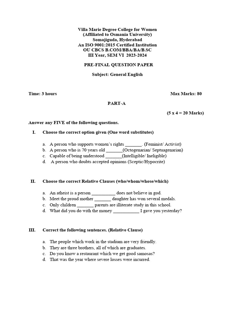 Pre Final Question Paper | PDF