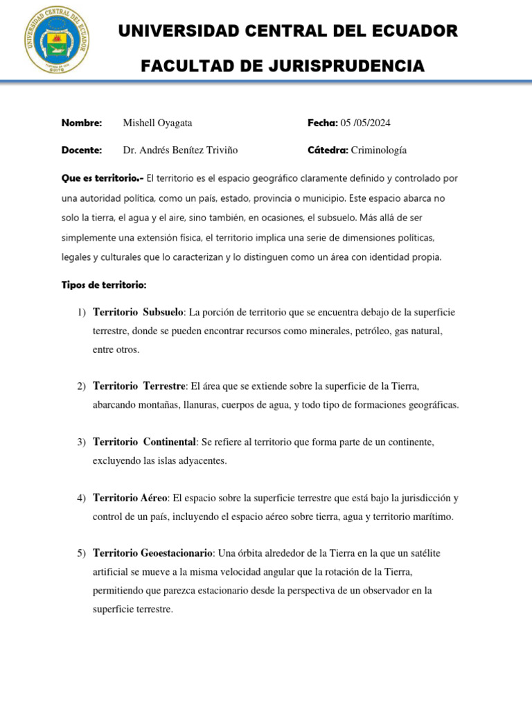 Oyagata - Mishell - Tipos de Territorio - Segundo D | PDF | Tierra | Mar