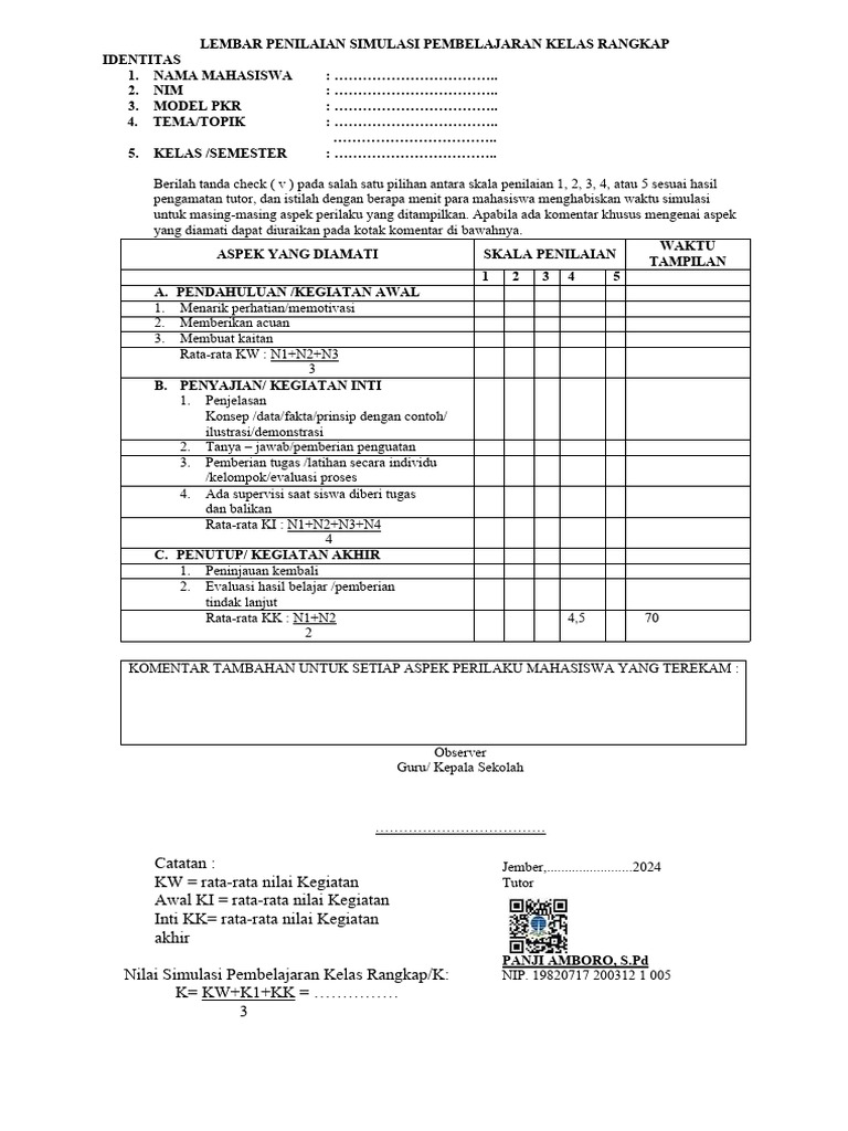 Lembar Penilaian Simulasi Pembelajaran Kelas Rangkap | PDF