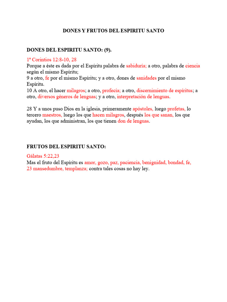 DONES DEL ESPIRITU SANTO Y FRUTOS DEL ESPIRITU SANTO | PDF | Fruto Del Espiritu Santo | Creencia ...