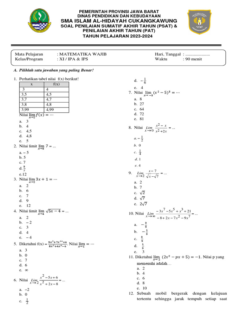 Soal Pat Matematika Wajib Xi 2024 | PDF