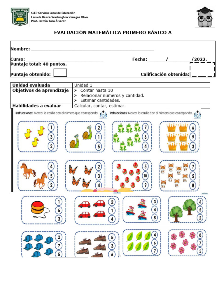 Prueba Matematica Conteo 1º 2022. Pivtorico | PDF
