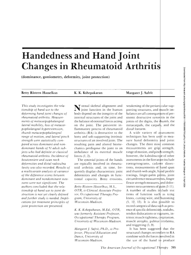 Handedness and Hand Joint Changes in Rheunlatoid Arthriti: (Dominance ...