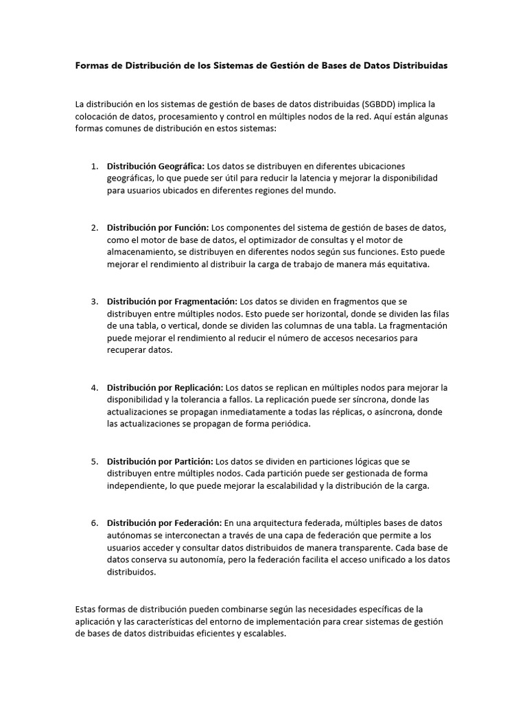 Formas de Distribución de Los Sistemas de Gestión de Bases de Datos Distribuidas | PDF | Bases ...