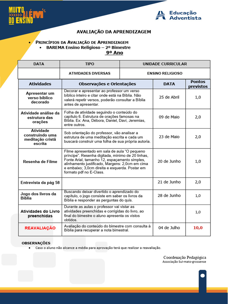 BAREMA 2º BIM 9º ano | PDF | Bíblia