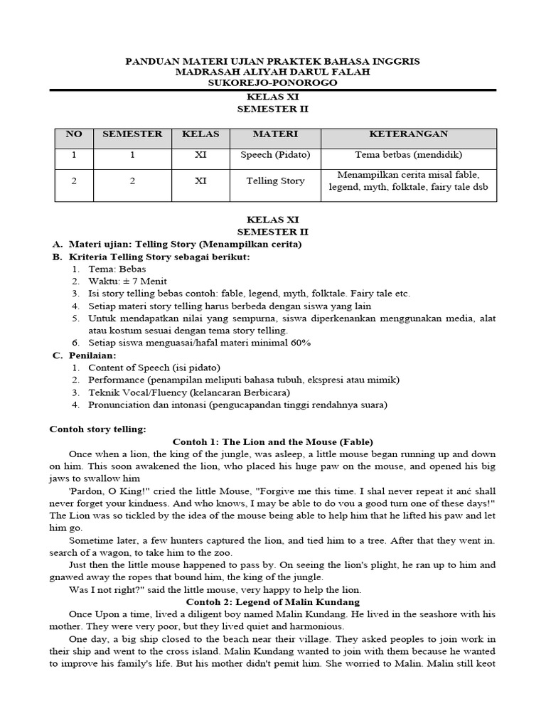 Panduan Materi Ujian Praktek Bahasa Inggris | PDF | Storytelling | Folklore