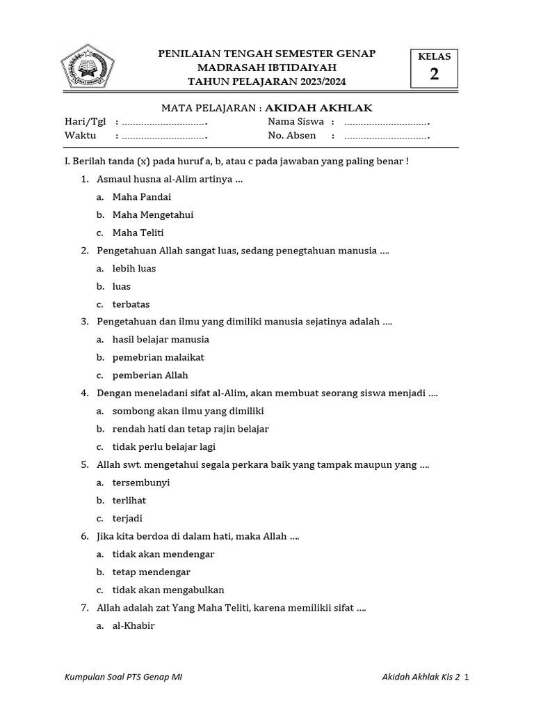 PTS Genap Akidah Akhlak Kls 2 MI Soal Dan Kunci Jawaban | PDF