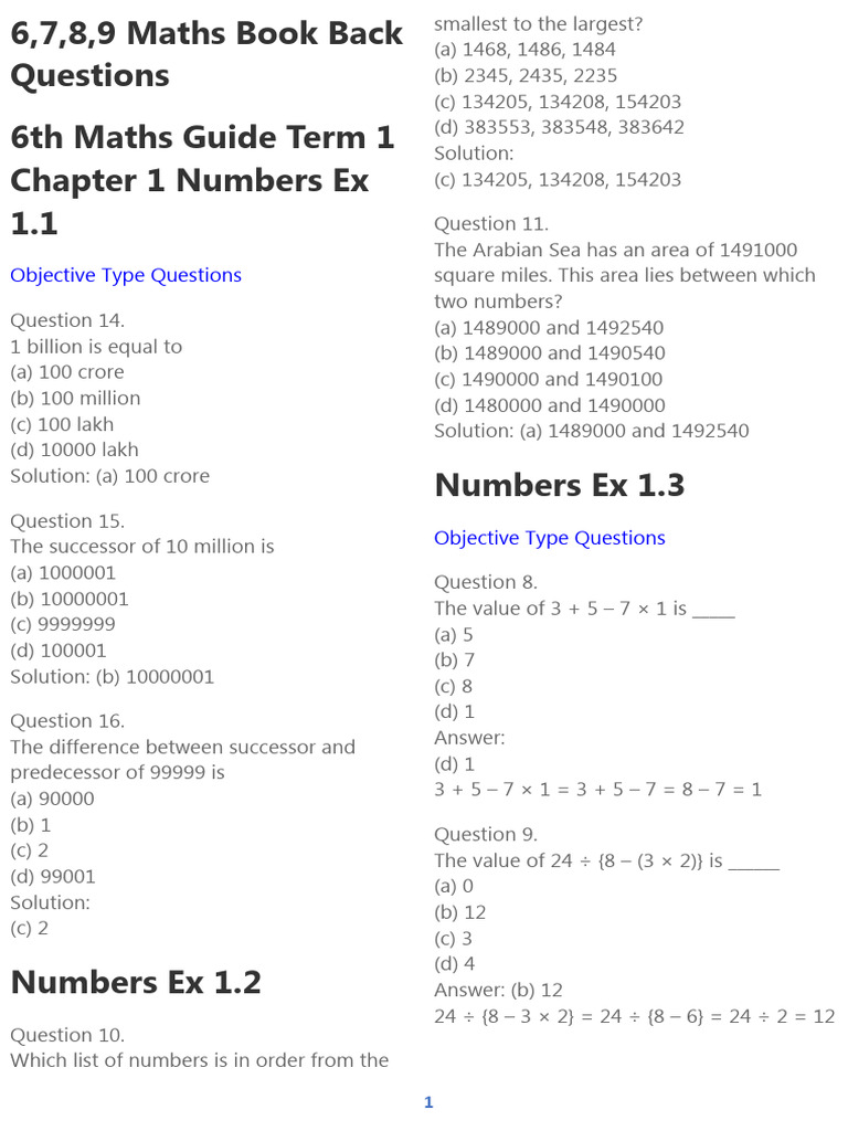 6th Maths Guide Term 1 Chapter 1 Numbers Ex 1 | Download Free PDF ...