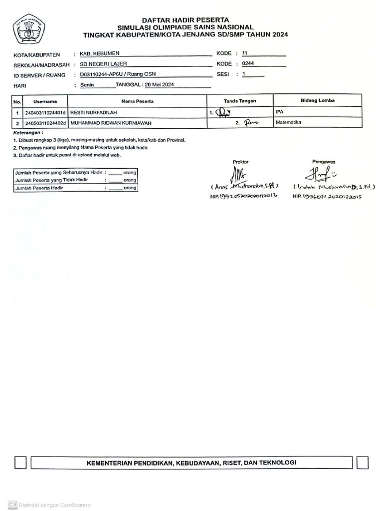 Daftar Hadir Simulasi OSN | PDF