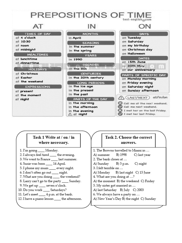 Prepositions and Time Quiz | PDF