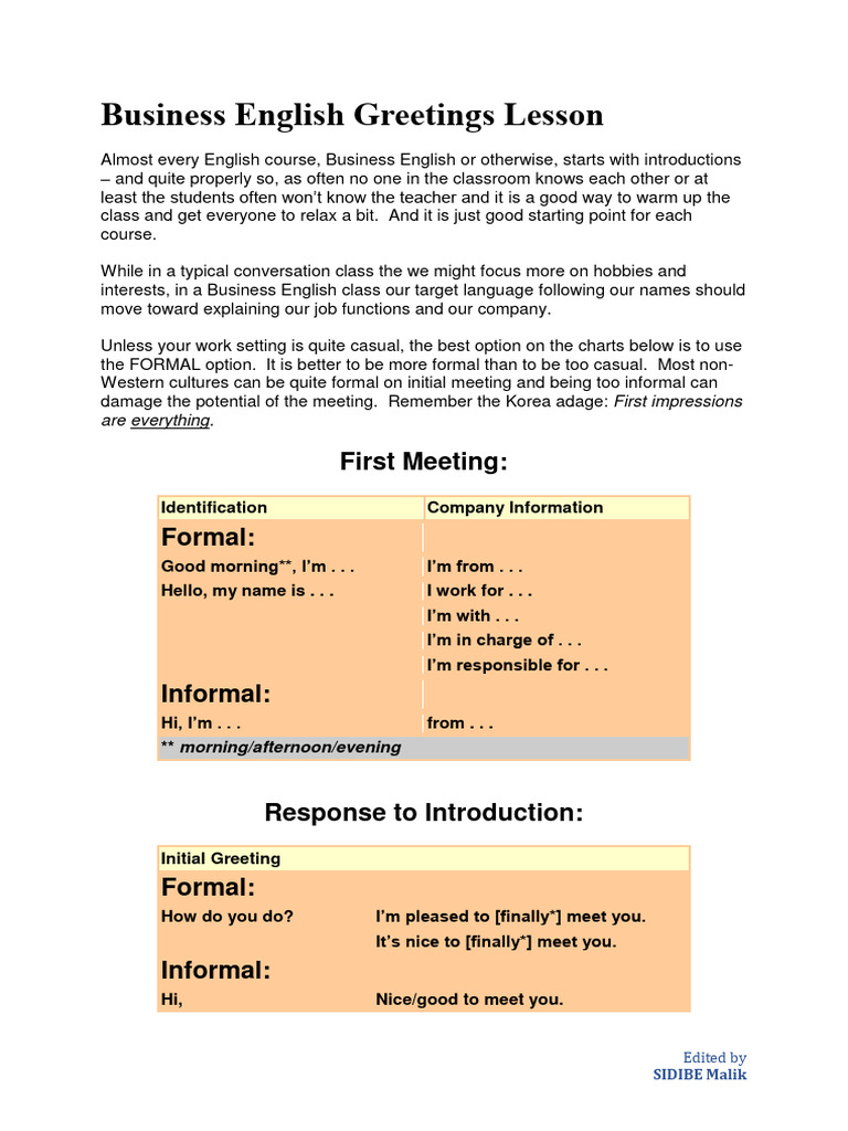 1 Business English Greetings Lesson | PDF