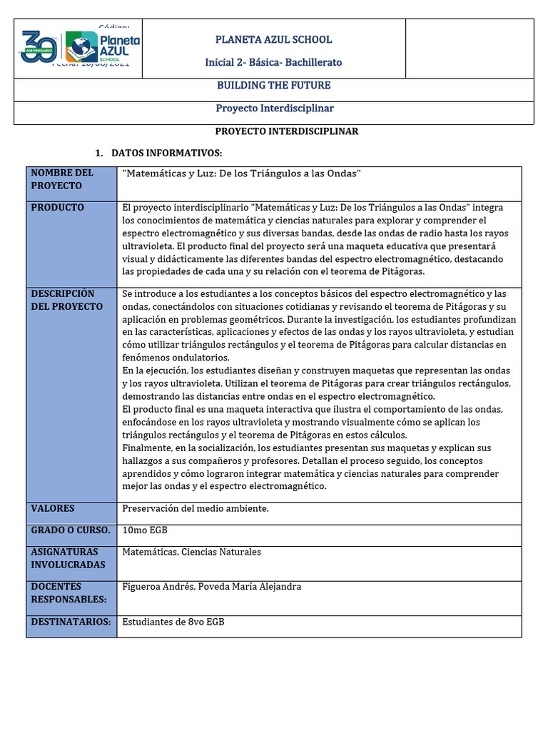 PROYECTO INTERDISCIPLINARIO 10mo EGB (Mate - CCNN) | PDF | Espectro electromagnético | Ligero