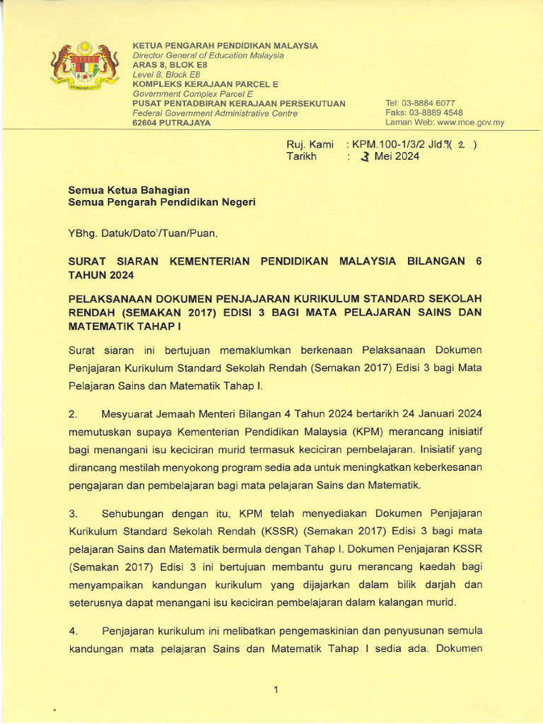 3 Surat Siaran KPM Bil. 6 2024 Pelaksanaan Dokumen Penjajaran Kurikulum ...