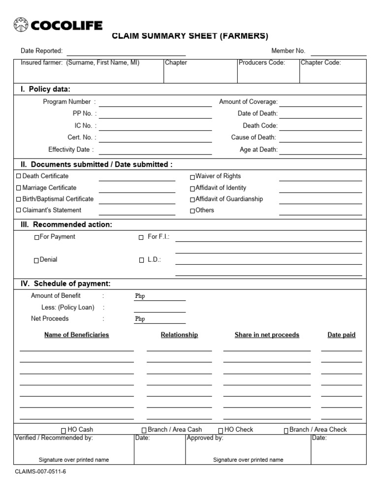 CLAIMS-007-0414-7 (Claim Summary Sheet - Farmers) | PDF | Finance ...