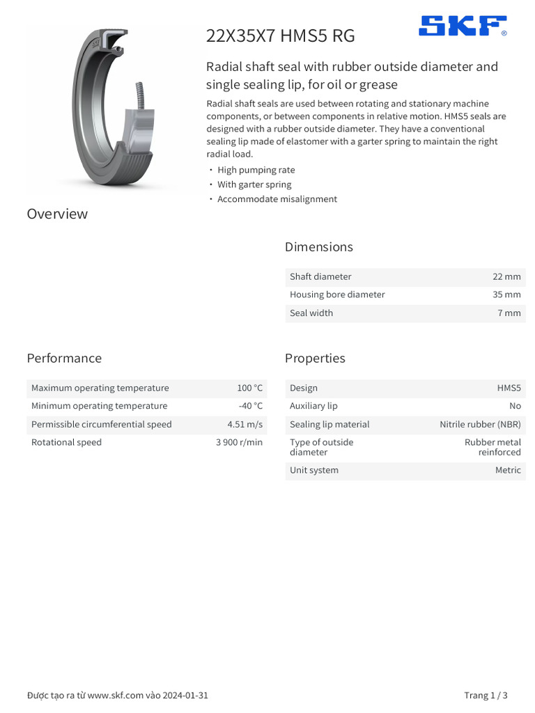 SKF 22X35X7 HMS5 RG specification | PDF